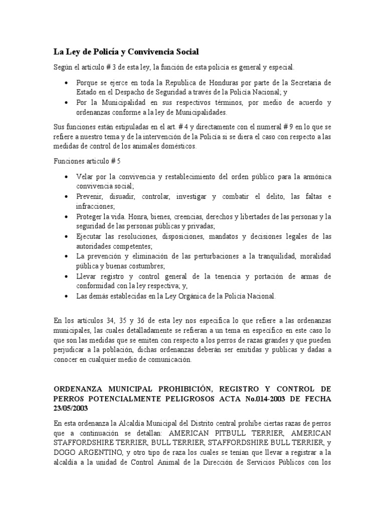 La Ley De Policía Y Convivencia Social Y Ordenanza Municipal Pdf