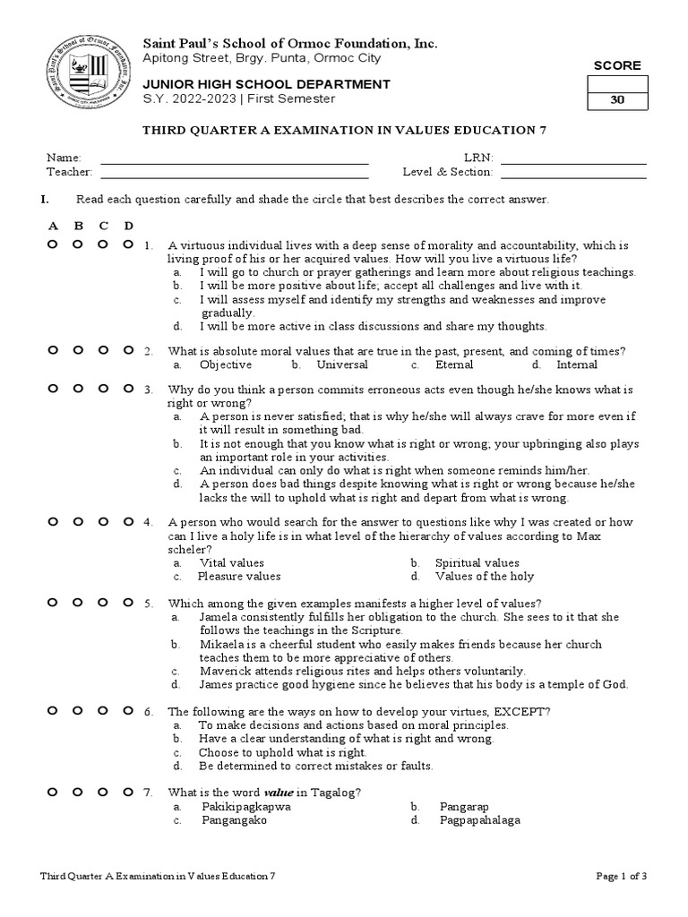 ESP 7 3rd Quarter A Exam | PDF | Virtue | Spirituality