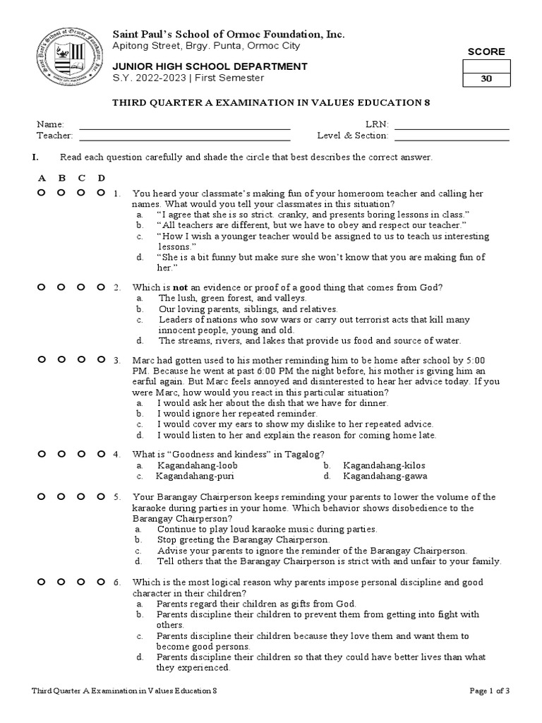 ESP 8 3rd Quarter A Exam | PDF