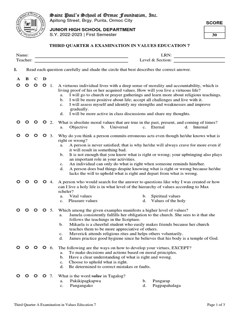 Grade 7 Values Education Exam Q3 | PDF | Virtue | Spirituality
