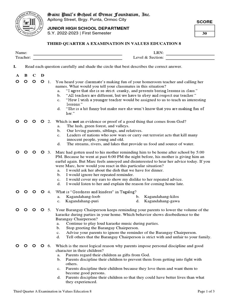 Grade 8 Values Education Exam Q3 | PDF