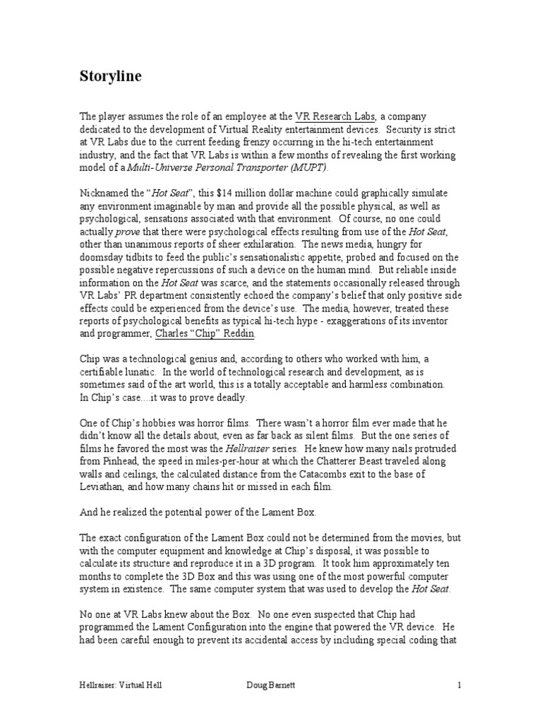 Storyline: Hellraiser: Virtual Hell Doug Barnett 1 | PDF | Virtual Reality