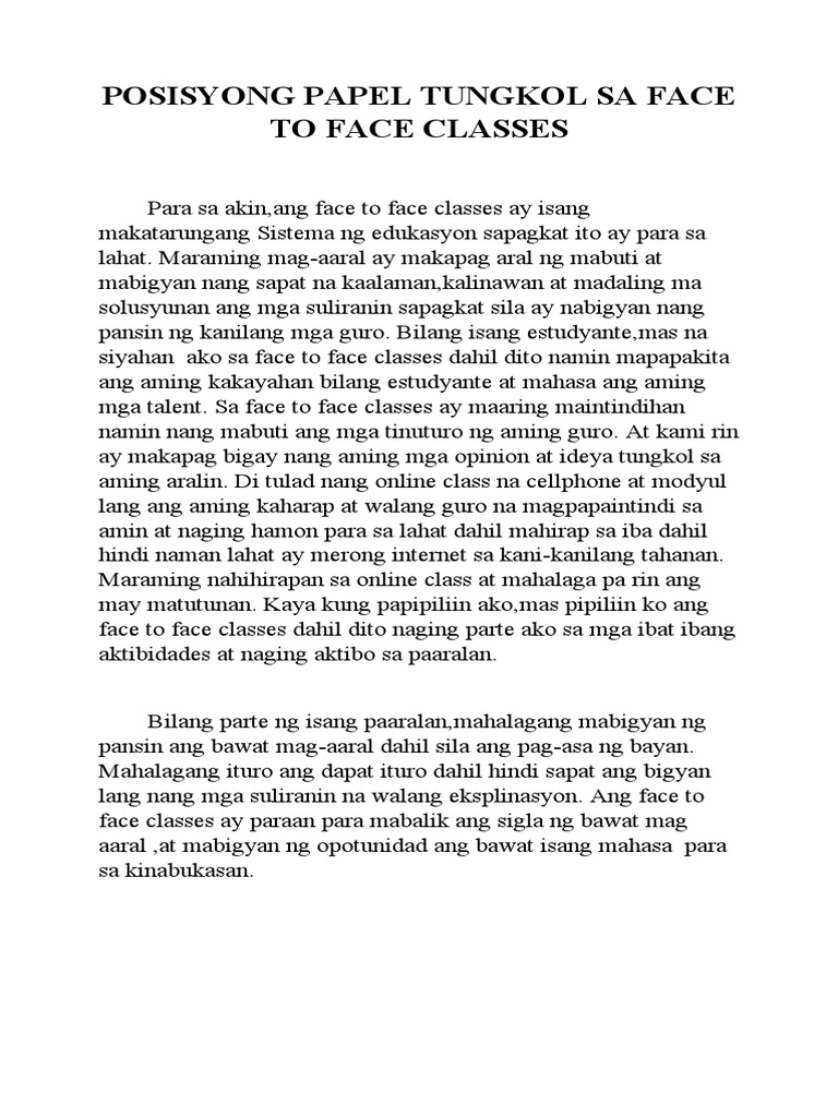 Posisyong Papel Tungkol Sa Face To Face Classes | PDF