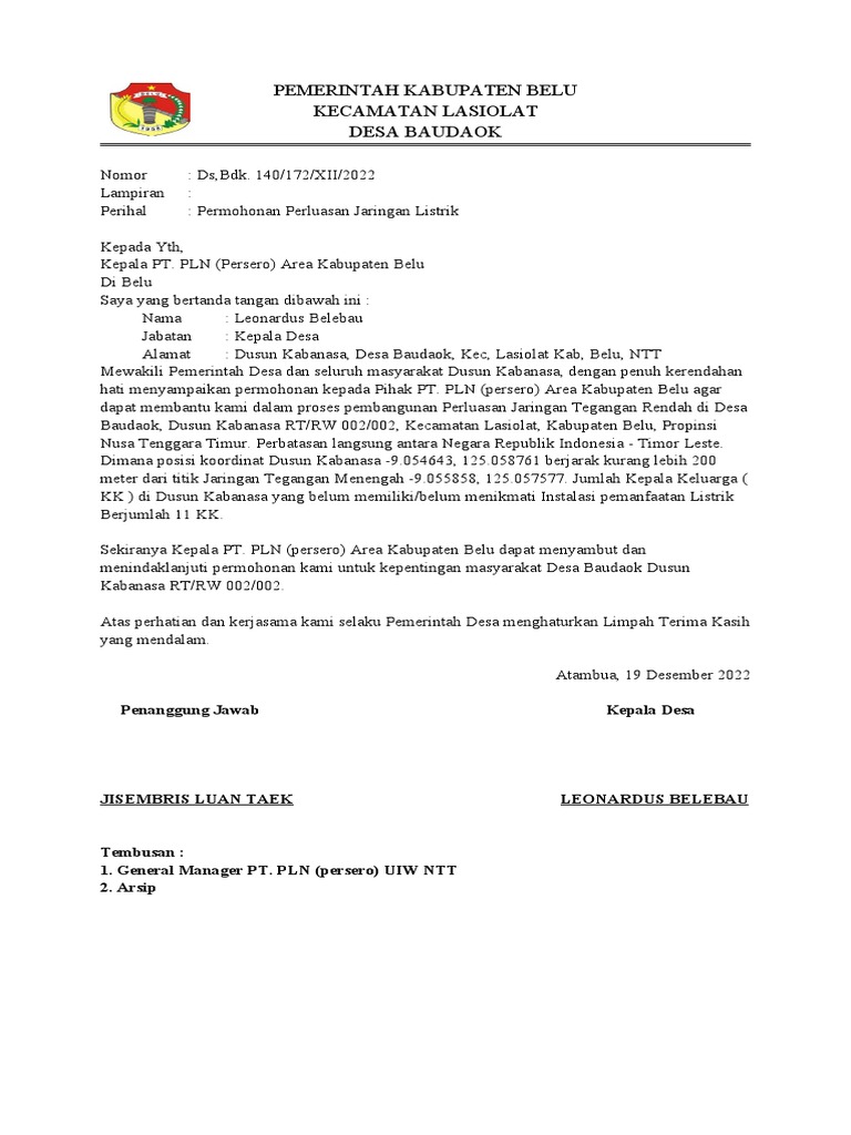 Surat Permohonan Perluasan Jaringan Listrik | PDF