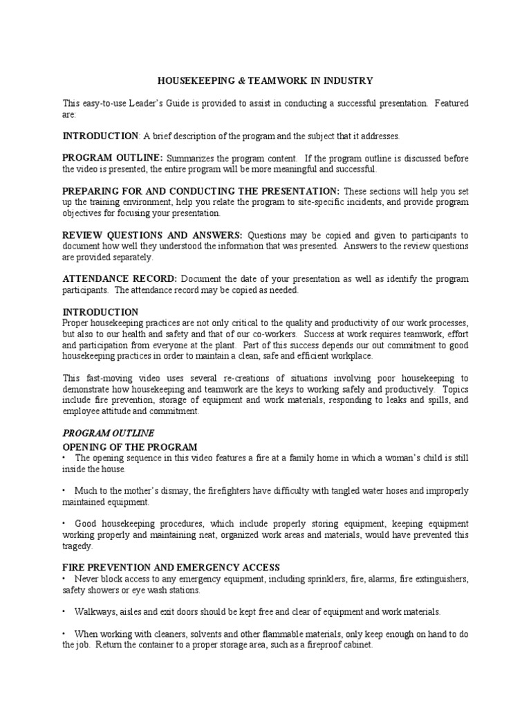 Housekeeping and Teamwork Essentials | PDF | Housekeeping ...