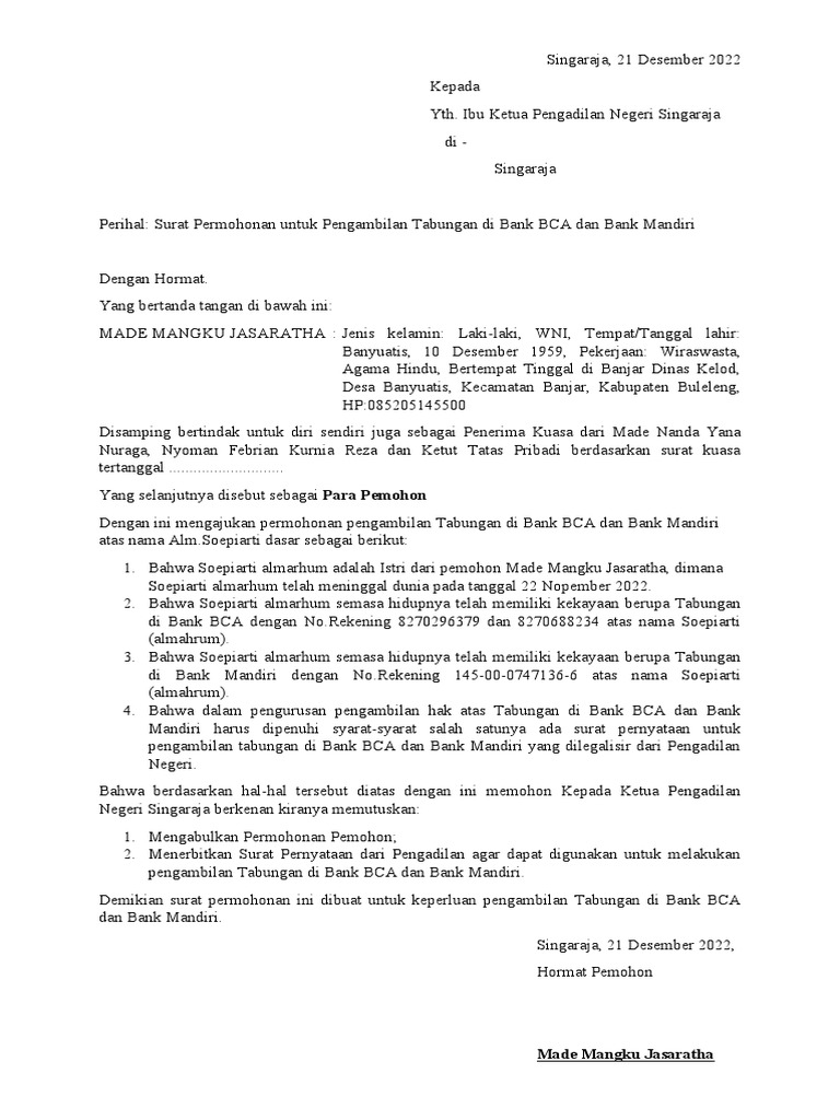 Surat Permohonan Pengadilan | PDF