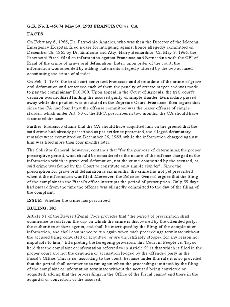 Francisco V Ca | PDF | Defamation | Statute Of Limitations