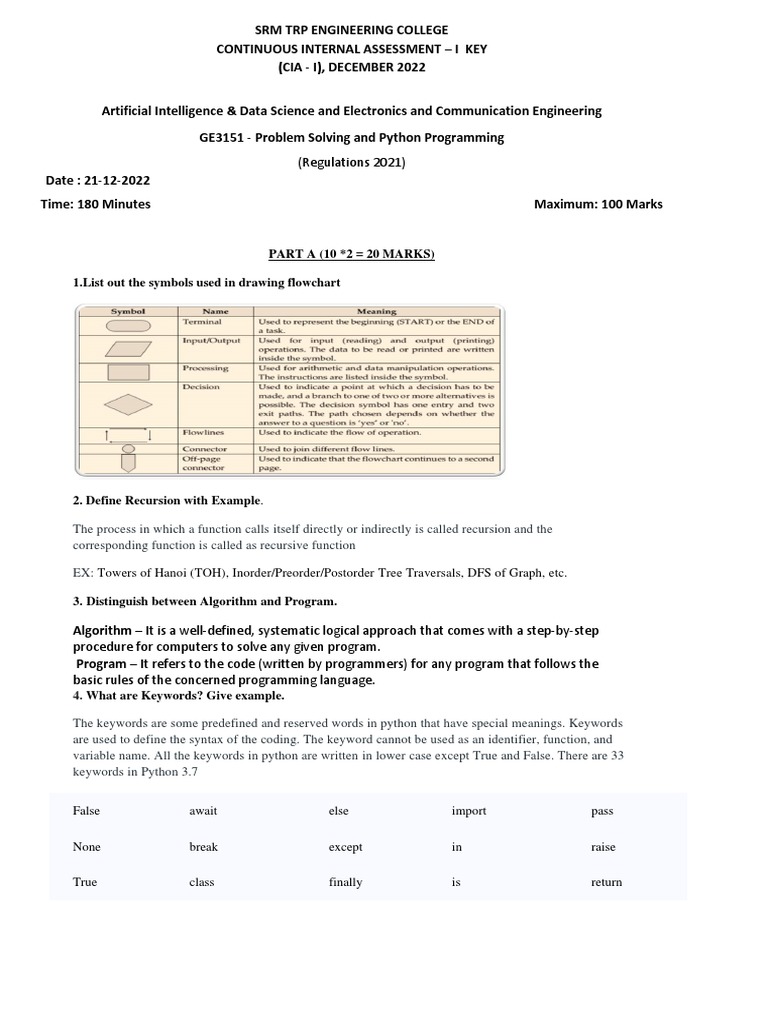 Cia1 - Key - Ge3151 PSPP - Set1 | PDF | Boolean Data Type | Data Type