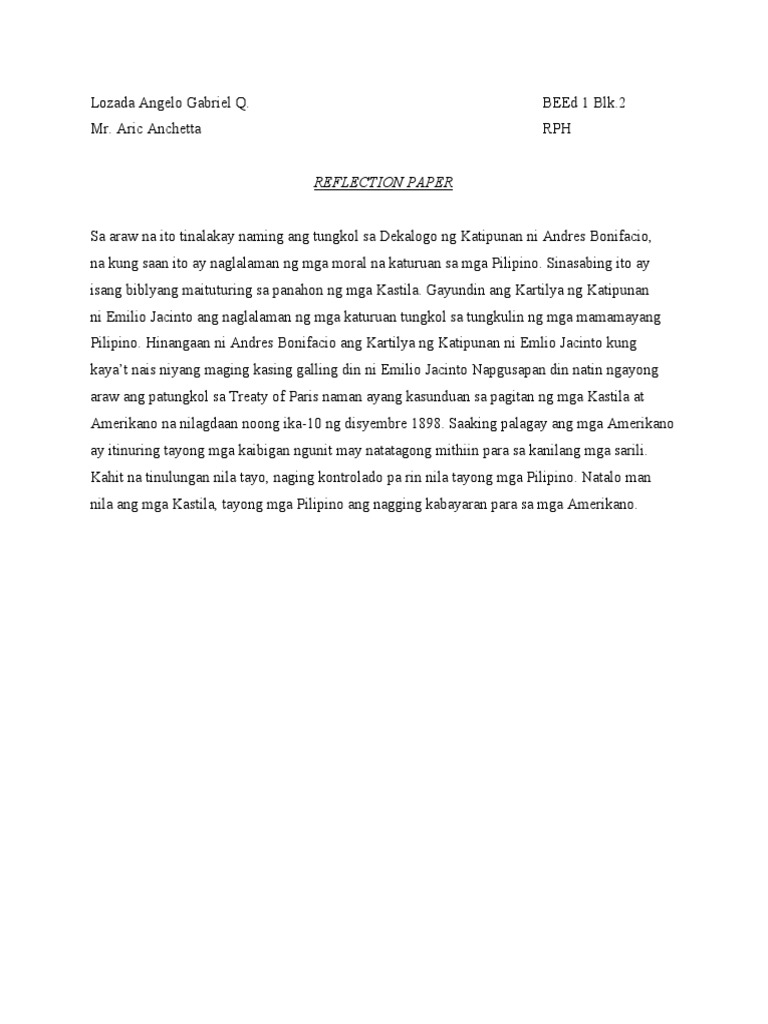 11th REFLECTION PAPER - RPH - LOZADA BEEd Blk2 | PDF
