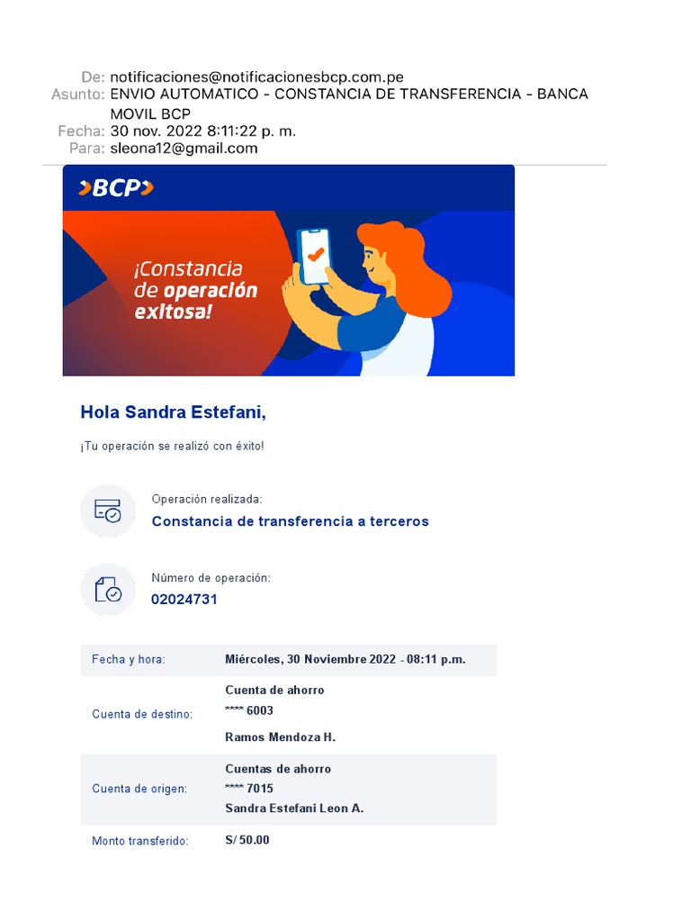 Envio Automatico - Constancia de Transferencia - Banca Movil BCP | PDF