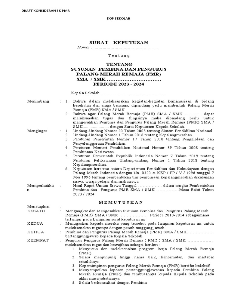 DRAFT KONSIDERAN SK PEMBINA Dan PENGURUS PMR-1 | PDF