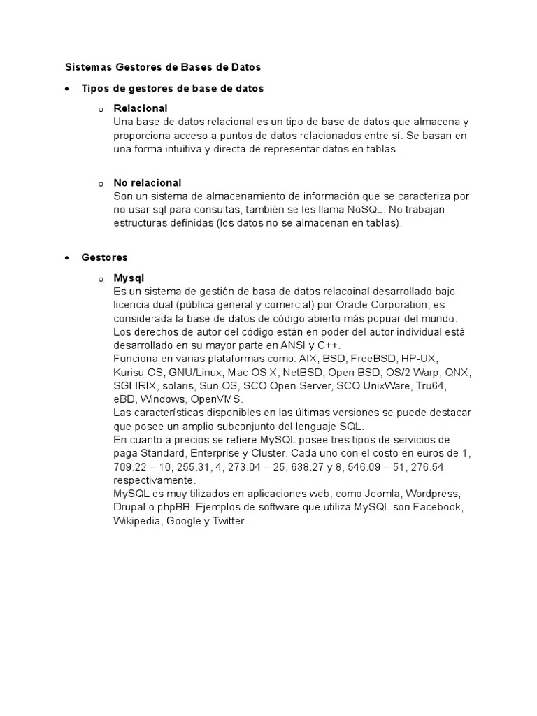 Sistemas Gestores De Bases De Datos Pdf Mi Sql Servidor Sql De
