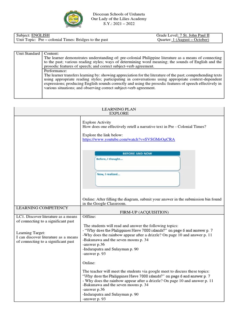 English 7_Learning Plan | PDF | Online And Offline | Learning