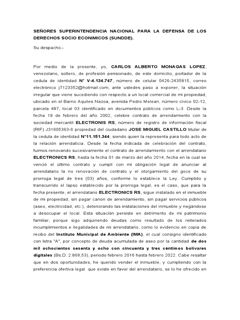 Denuncia de Arrendamiento ante SUNDDE | PDF | Derecho