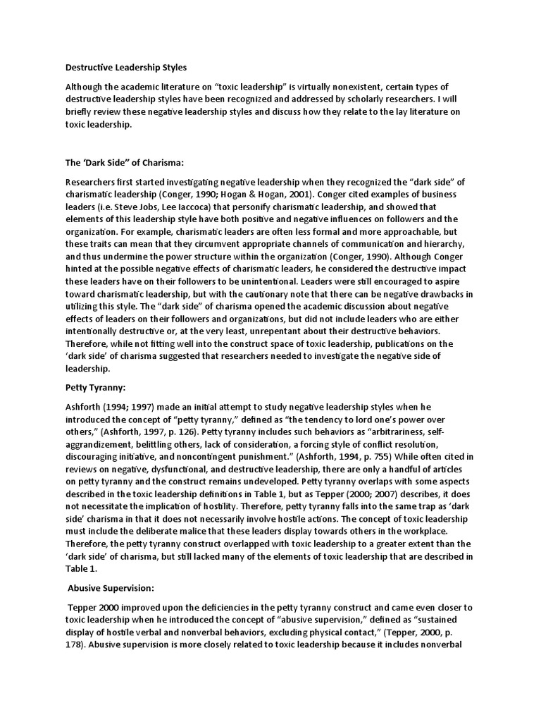 An Analysis of Destructive Leadership Styles Such as the Dark Side of ...