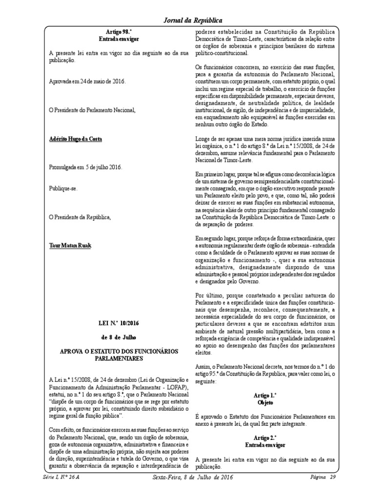 Aprovação do Estatuto dos Funcionários Parlamentares | PDF | República ...
