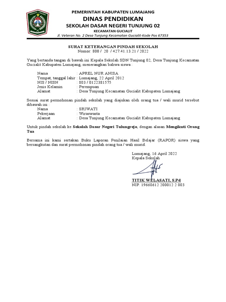 Surat Pindah Siswa Pdf