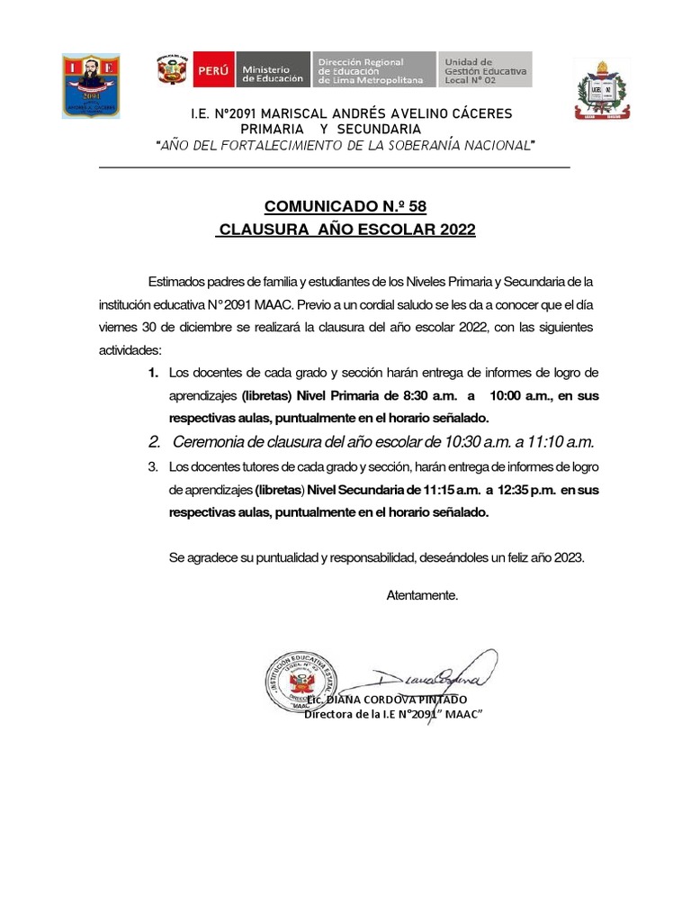 Comunicado #58 Clausura Año Escolar 2022 | PDF