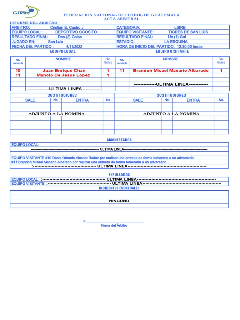 ACTA Partido 2 | PDF | Deportes | Asociación de Futbol