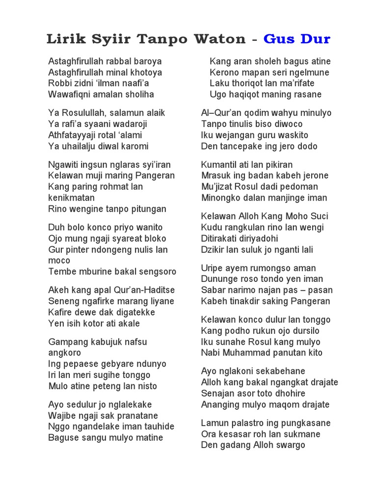 Lirik Syiir Tanpo Waton | PDF
