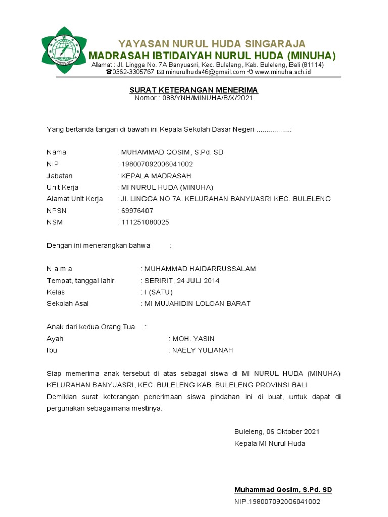 Surat Keterangan Menerima Siswa Mutasi Masuk | PDF