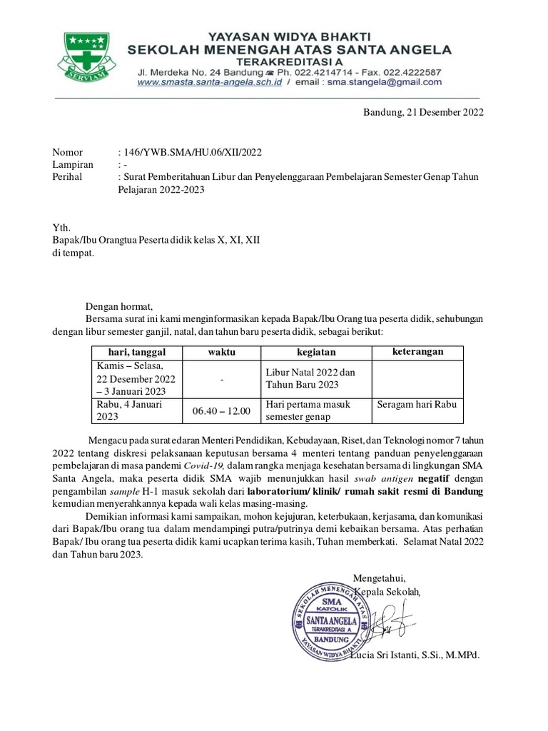 Surat Informasi Libur Semester Genap Tahun Pelajaran 2022-2023 | PDF