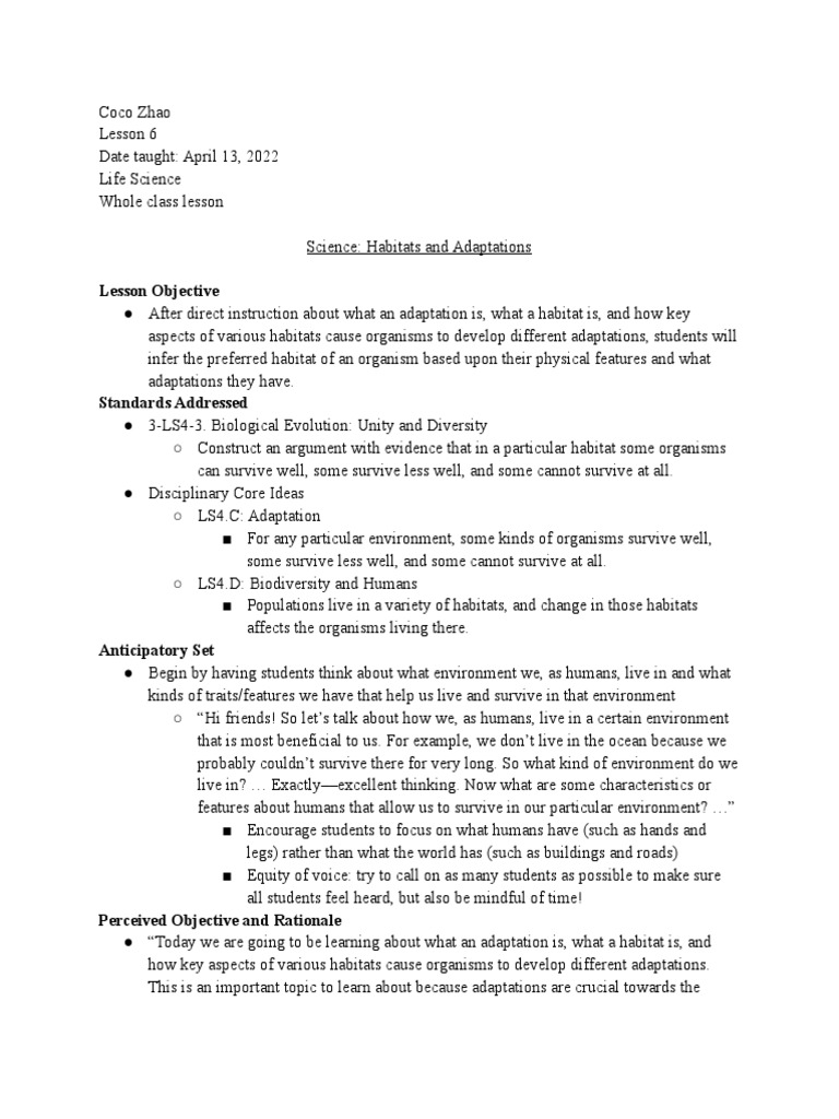 Adaptation Lesson | PDF | Adaptation | Habitat