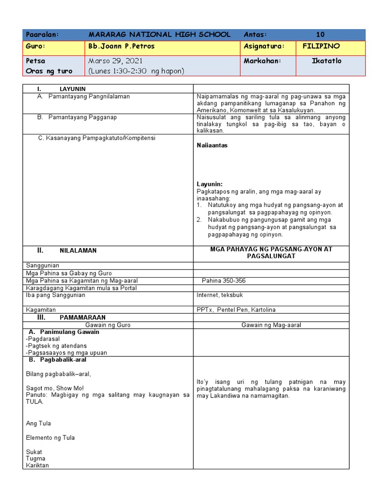 DETAILED-LESSON-PLAN-C.O FILIPINO 10 Final | PDF