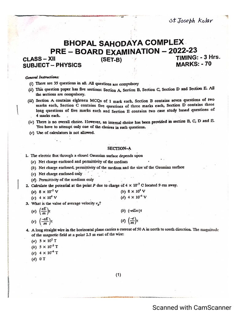 Physics XII ST Joseph's Kolar | PDF