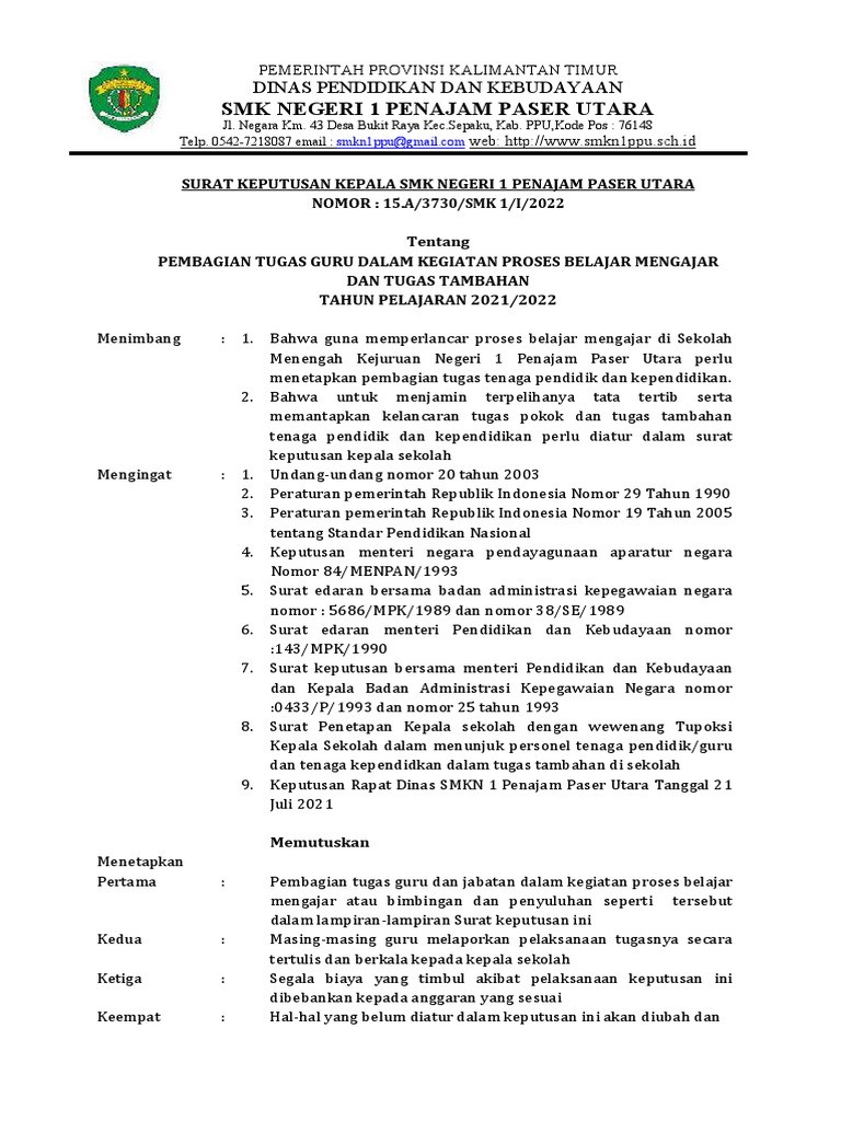 SK Pembagian Tugas Mengajar 2021-2022 | PDF