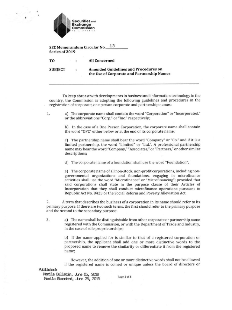 SEC Memo Circular No. 13 Series of 2019 Amended Guidelines and ...