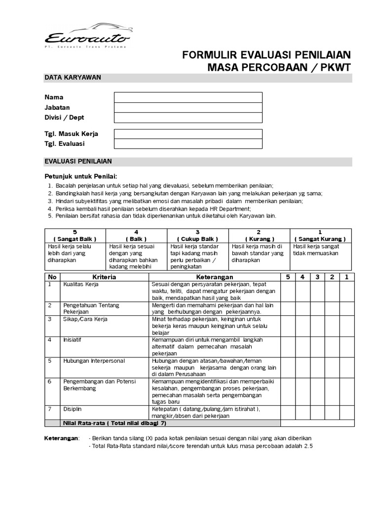 Form Evaluasi Karyawan Probation | PDF