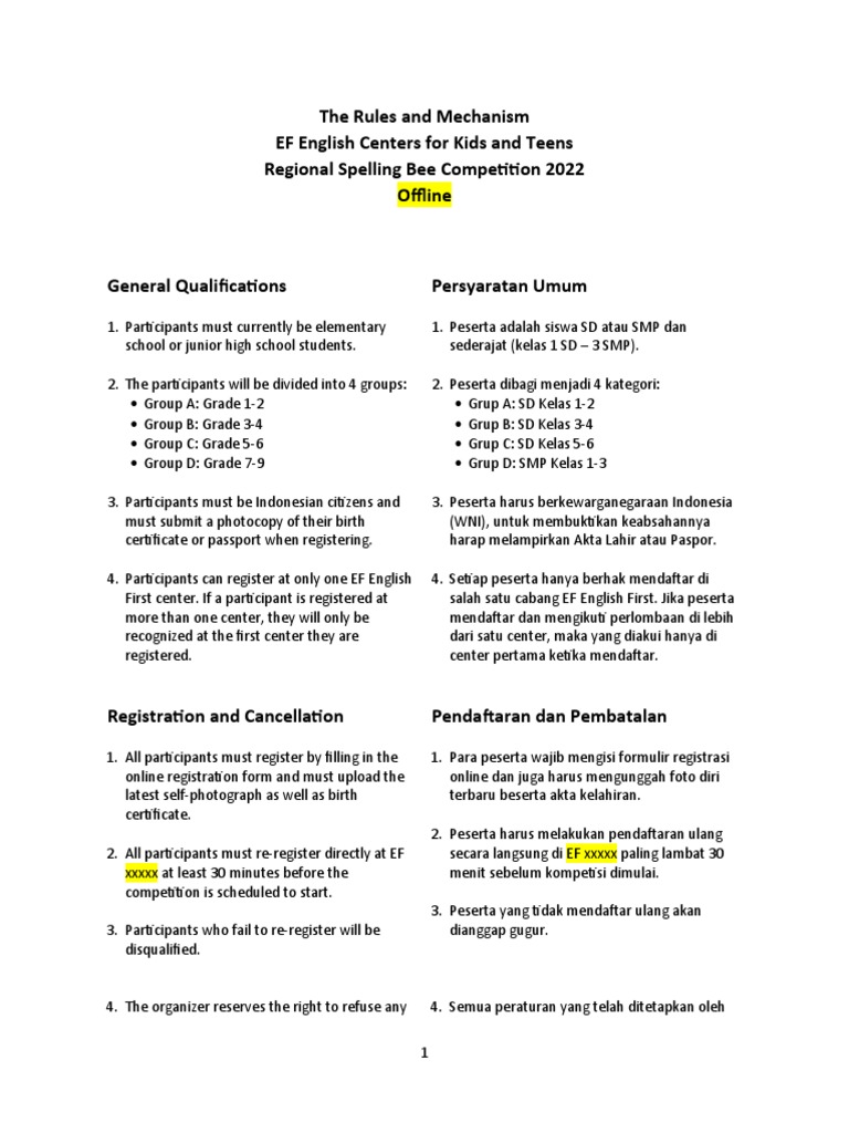 EF Regional Spelling Bee Competition 2022: Rules and Mechanism | PDF