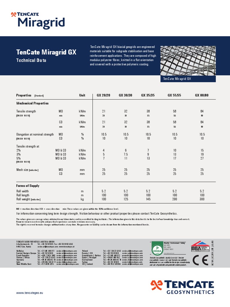 TenCate Miragrid GX Biaxial TechnicalData EN 502169 | PDF | Fibers ...