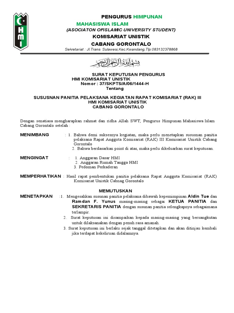 Susunan Panitia RAK III HMI Unistik Gorontalo | PDF