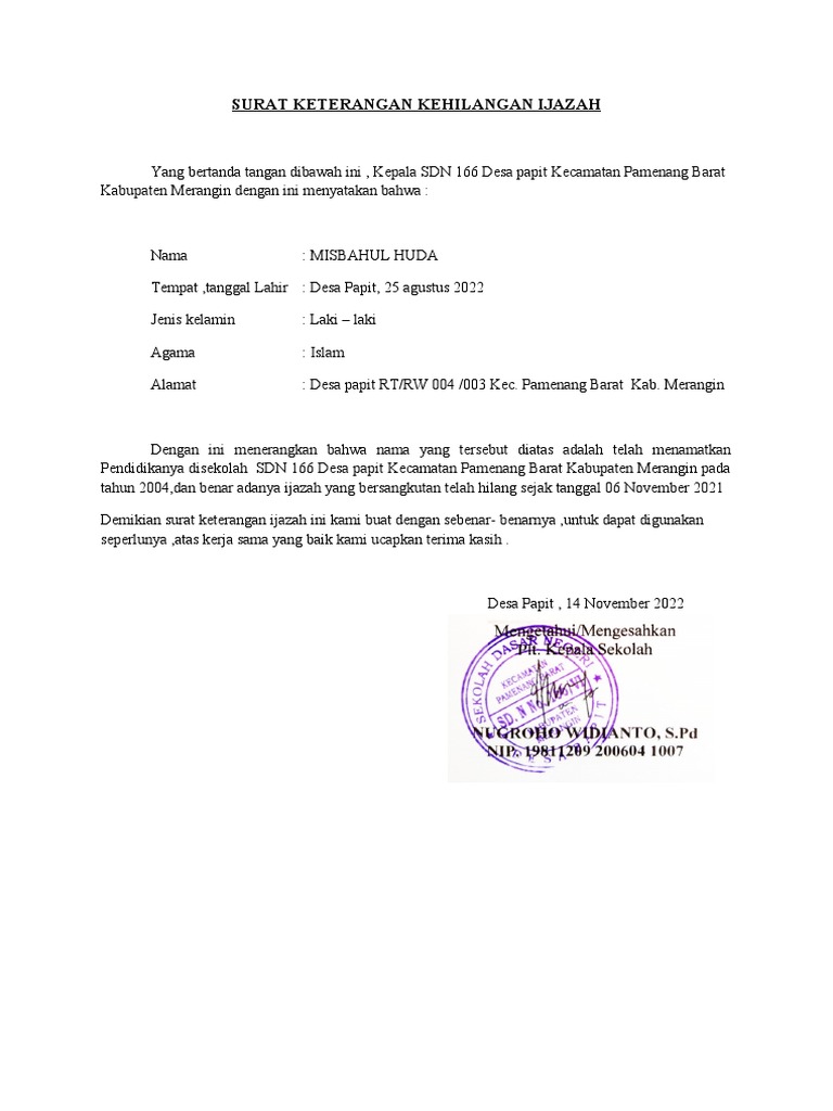 Surat Keterangan Kehilangan Ijazah | PDF