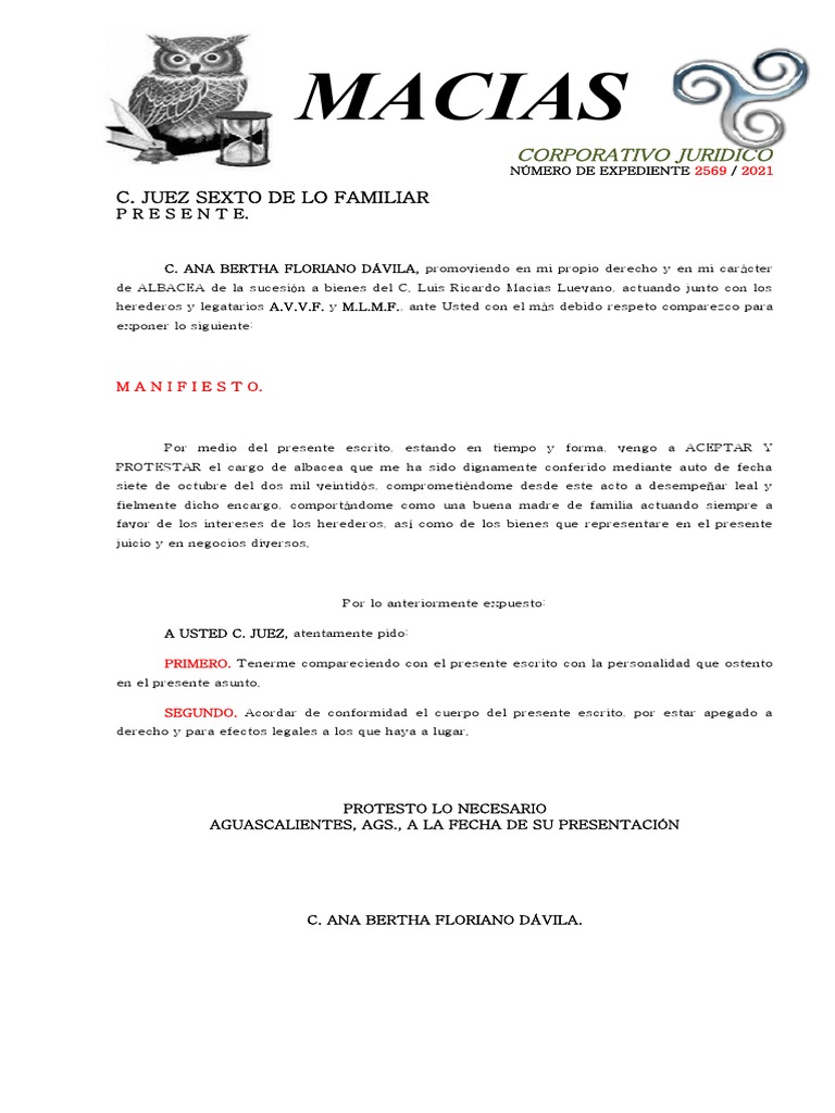 Aceptacion y Ratificacion de Cargo de Albacea | PDF | Derecho