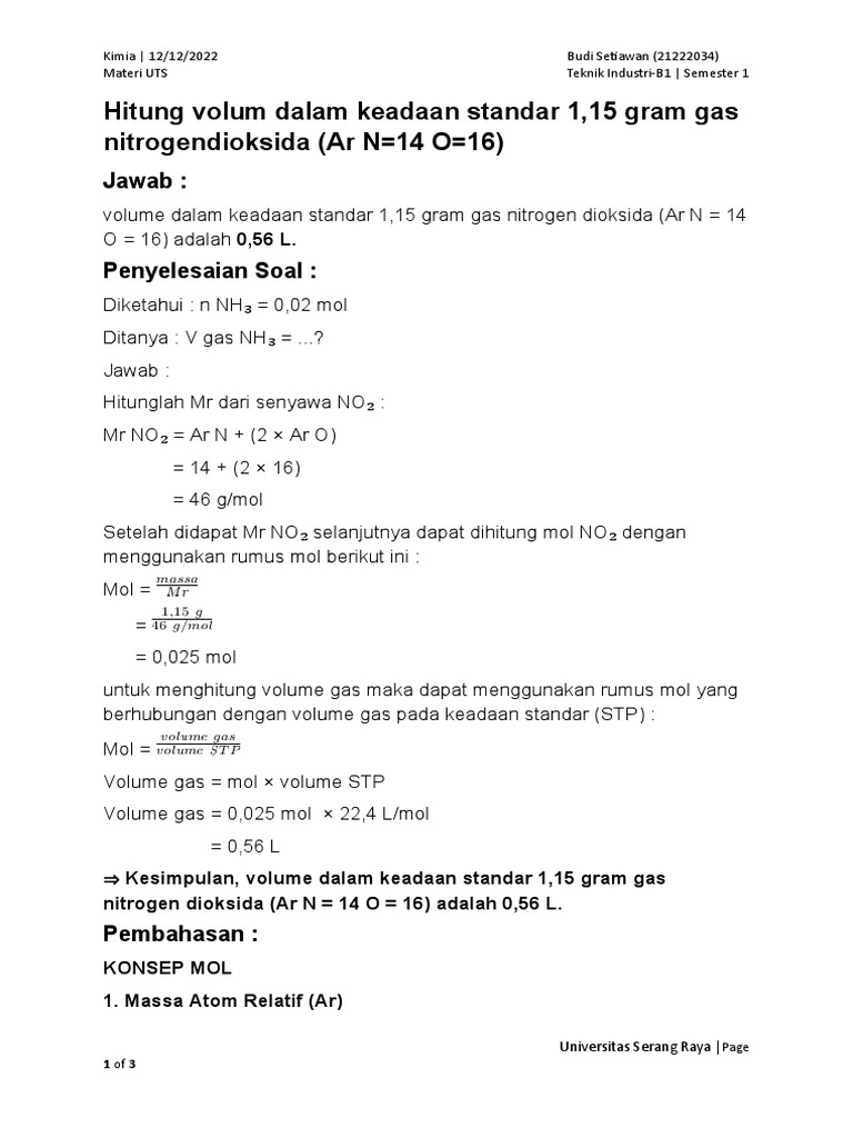 Volume Gas Nitrogen Dioksida STP | PDF