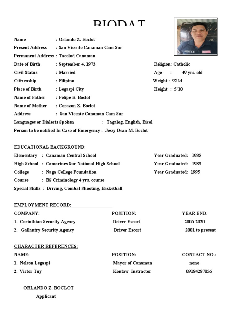 Orlando Z. Boclot's Biodata Summary | PDF