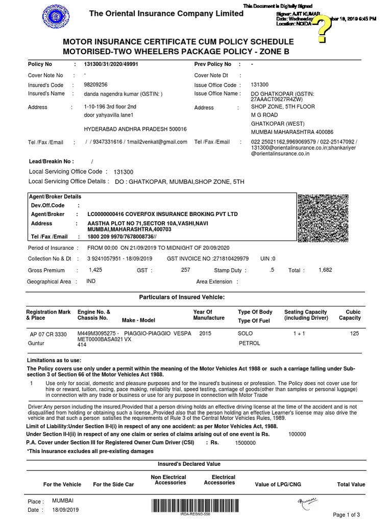 The Oriental Insurance Company Limited: Particulars of Insured Vehicle ...