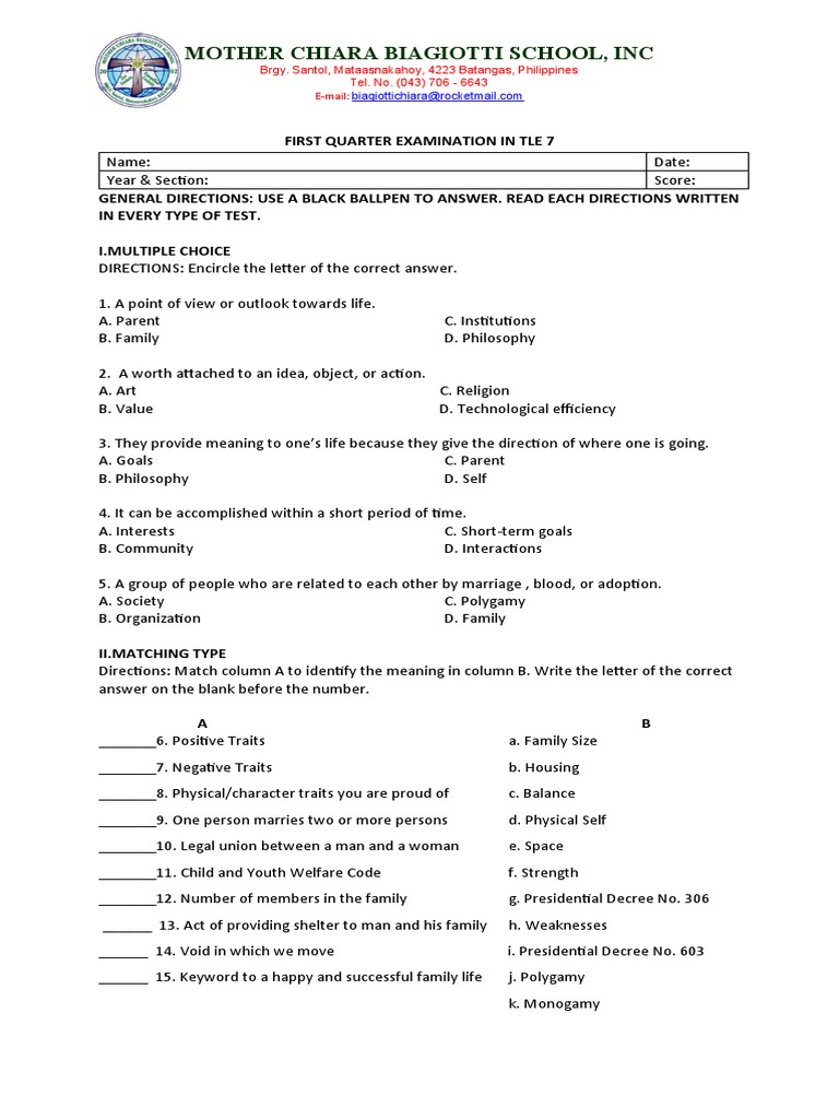 TLE 7 Exam on Family Values and Relationships | PDF | Psychology ...