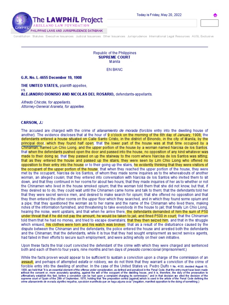 US Vs DIONISIO (Forcible Entry) G.R. No. L-4655 | PDF | Crimes | Crime & Violence