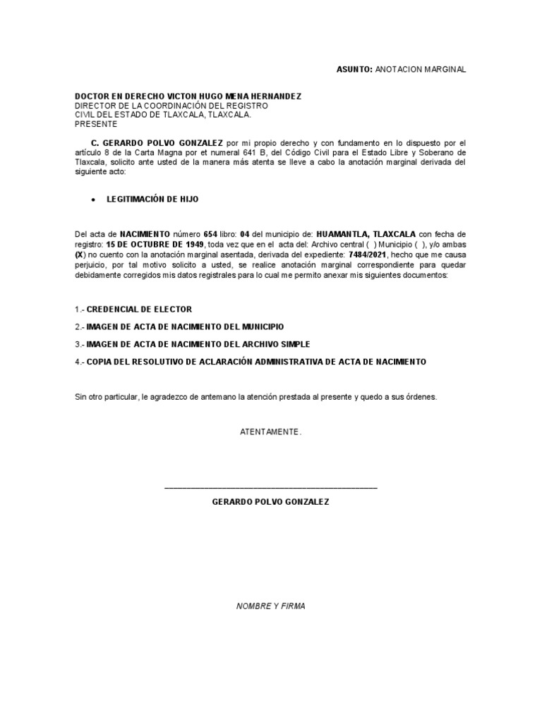 Solicitud de anotación marginal de acta de nacimiento para corregir ... Solicitud de anotación marginal de acta de nacimiento para corregir ...