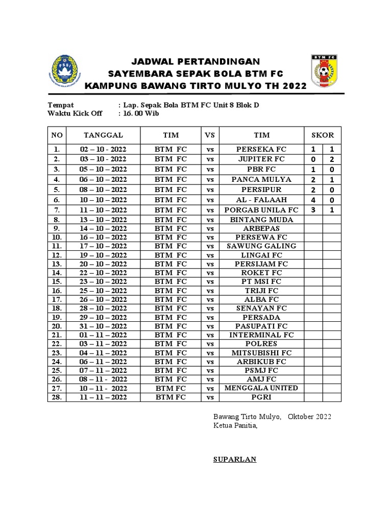 New Jadwal Pertandingan Sayembara BTM FC 2022 | PDF