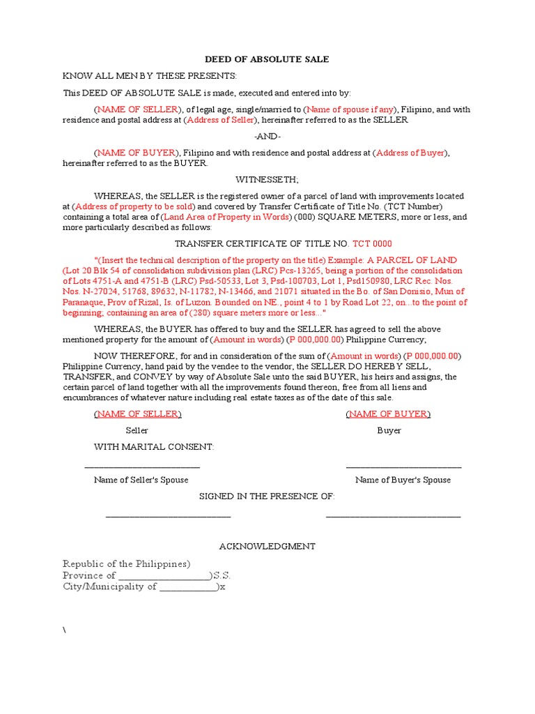 Deed of Absolute Sale | PDF | Land Lot | Civil Law (Legal System)