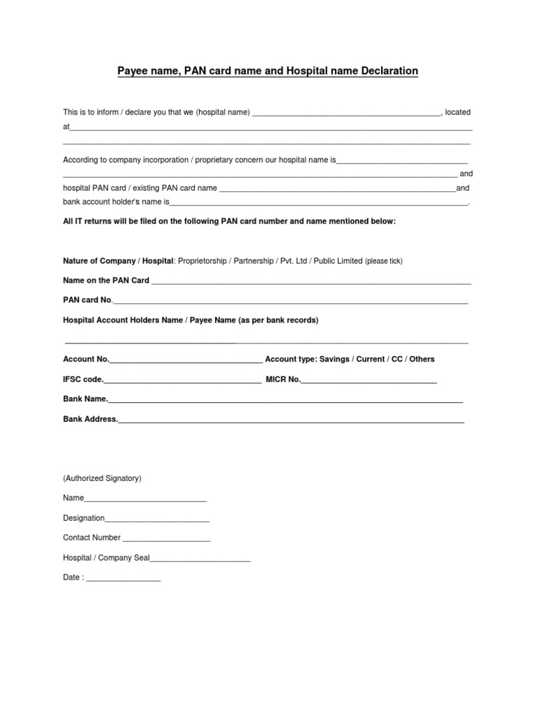 PAN Card Declaration for Hospital Payee | PDF | Finance & Money Management