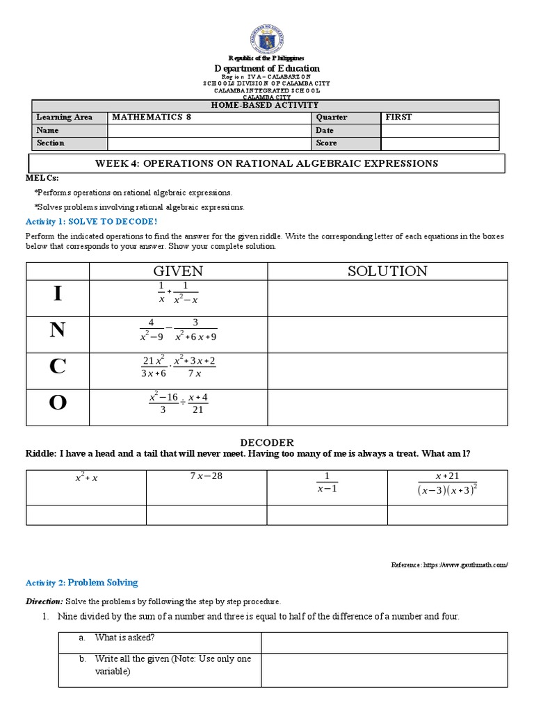 Q1 W4 Math8 As | PDF | Equations | Numbers