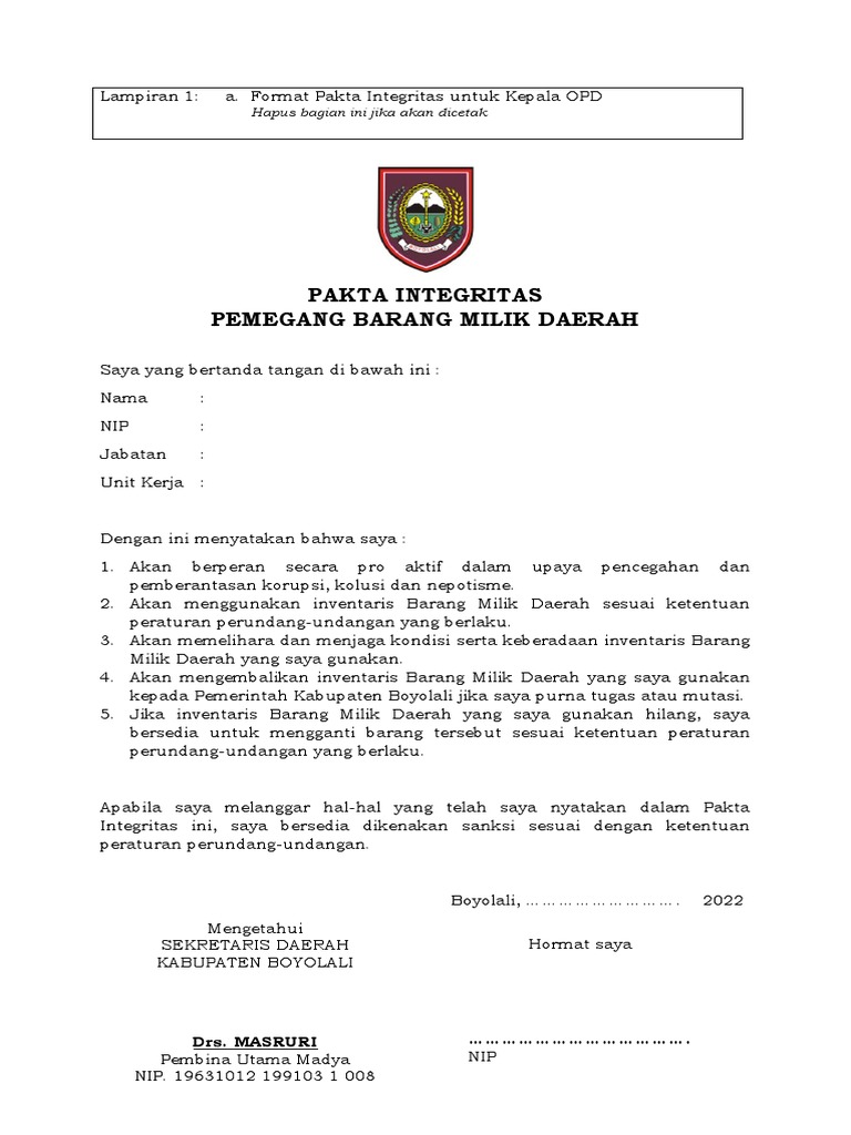 Lampiran 1 Format Pakta Intergritas | PDF