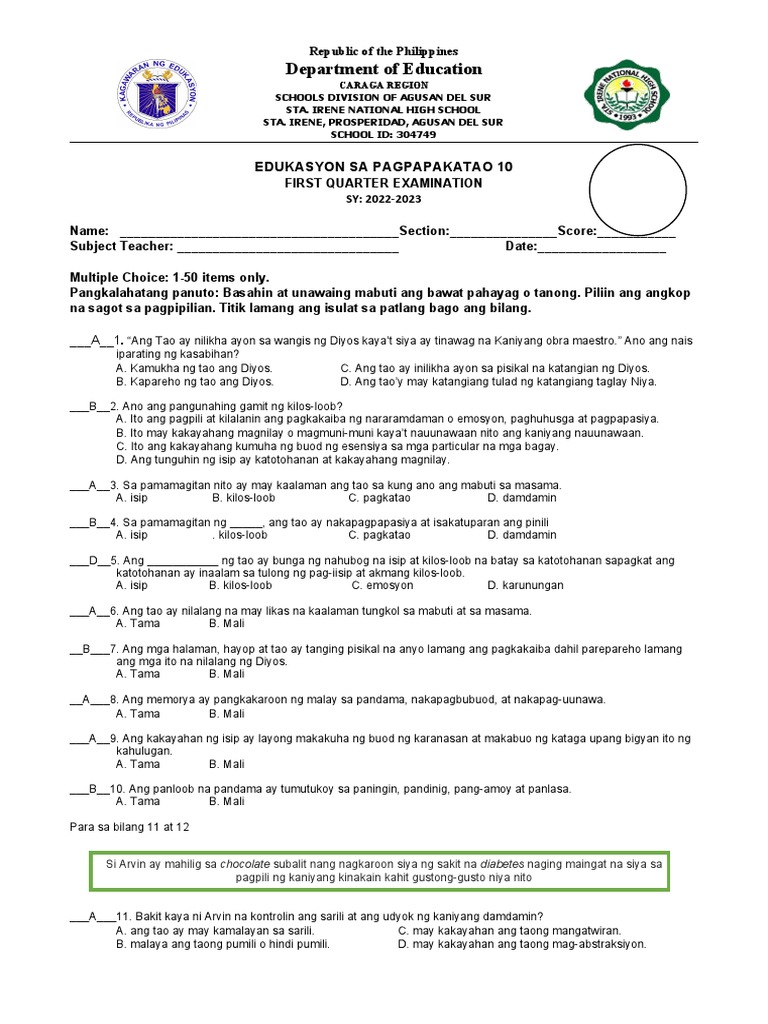 First Quarter Exam in ESP 10 | PDF