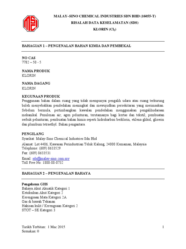 SDS - CHLORINE GAS (BM) - Taiko | PDF